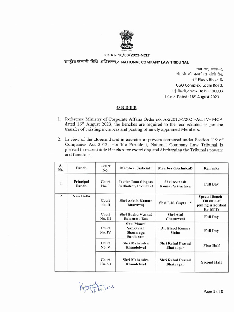 Reconstitution of NCLT Benches - Order Dated 18.8.2023 | PDF