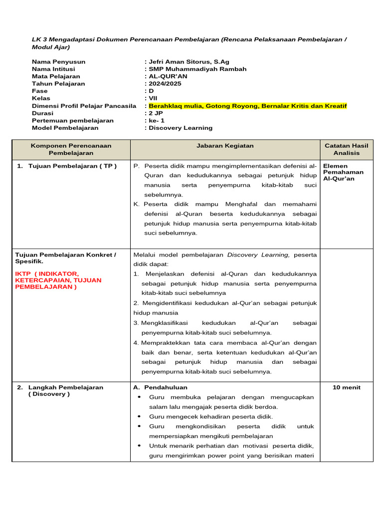 Modul Ajar Al-Qur'an Sms 1 Jefri | PDF
