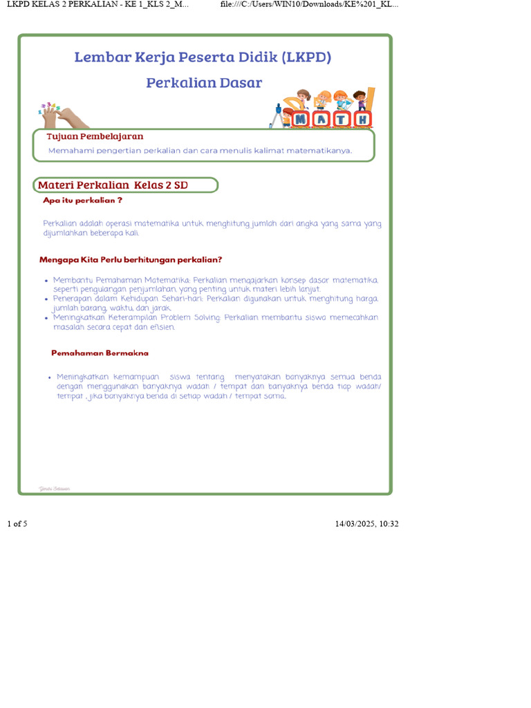 LKPD Kelas 2 Perkalian - Ke 1 - Kls 2 - Mat - Perkalian-1 | PDF