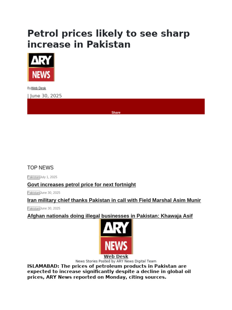 Petrol Prices Likely To See Sharp Increase in Pakistan | PDF ...