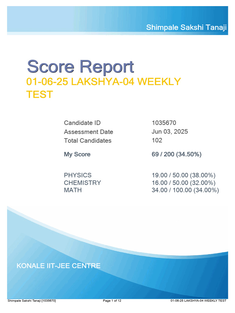 Lakshya-04 Weekly Test Results | PDF