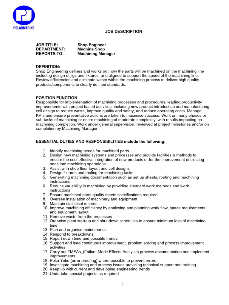 Machine Shop Engineer Job Overview | PDF