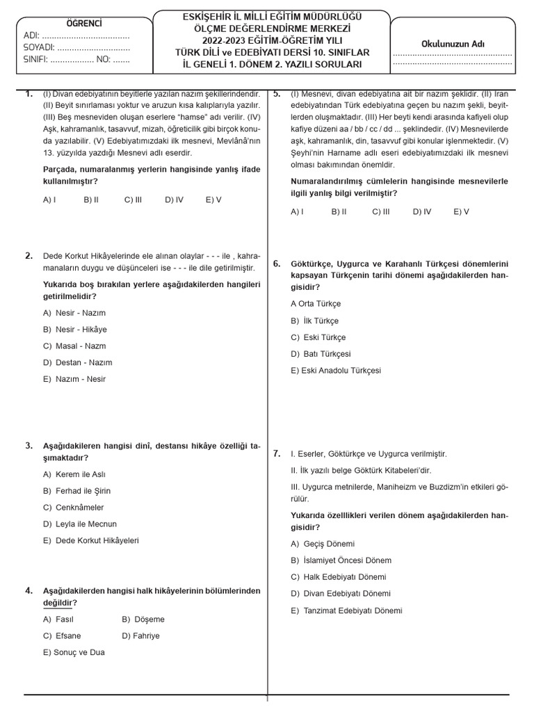 Sinif Turk Dili Ve Edebiyati Dersi 1. Donem 2. Yazili Sorulari Ve Cevaplari | PDF
