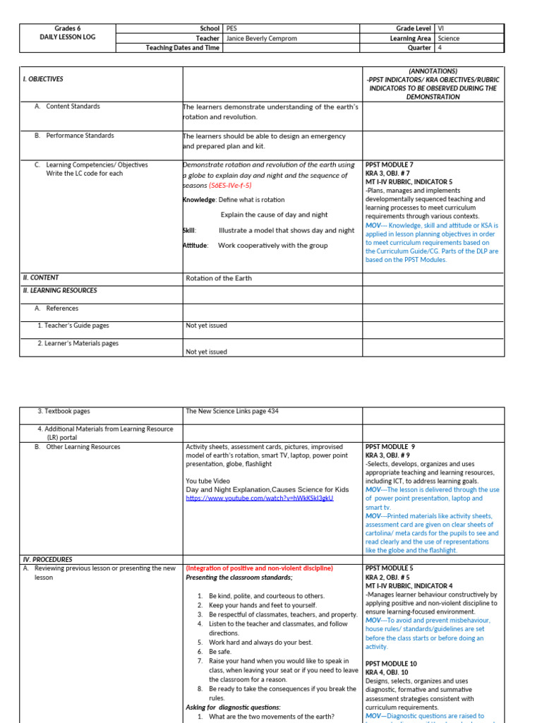 Cot DLP Science 6 Earth's Rotation | PDF | Educational Assessment | Curriculum