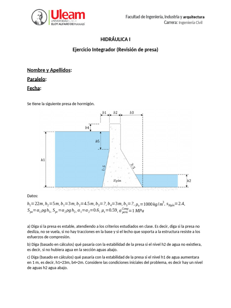 Ejercicio Integrador Presa | PDF