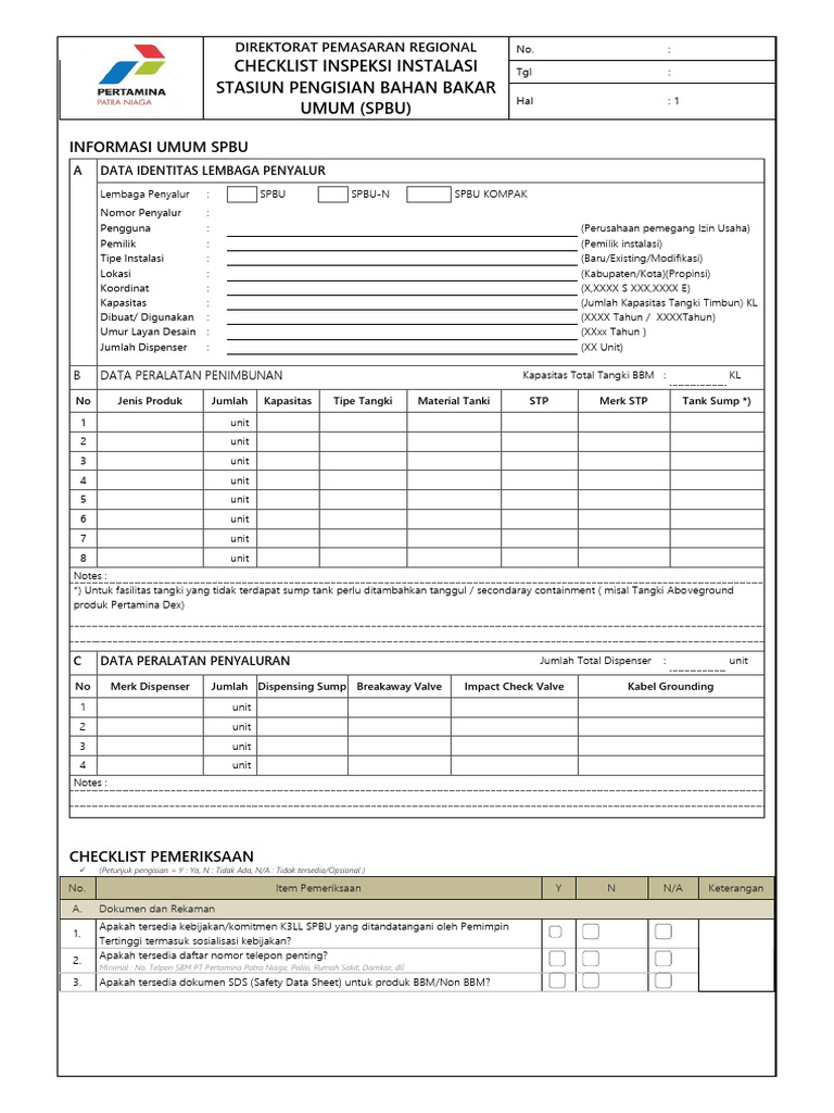 Checklist Inspeksi SPBU Pertamina 2024 | PDF