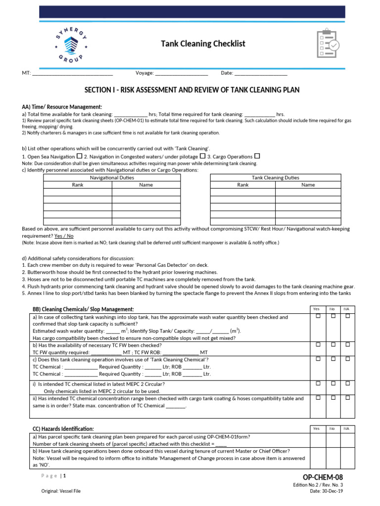 OP-CHEM-08 Tank Cleaning Checklist Dtd. 30-Dec-19 | PDF
