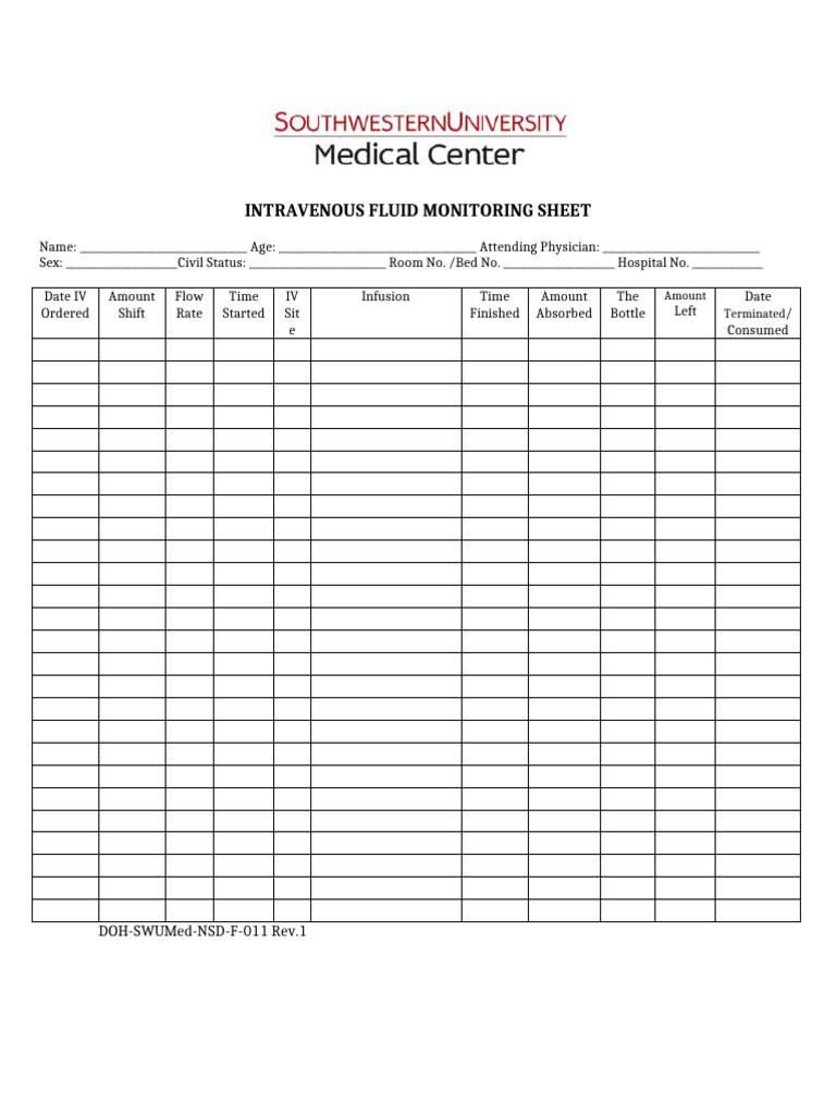 Intravenous Fluid Monitoring Sheet | PDF