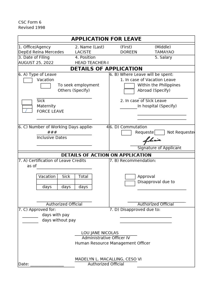 CSC Form 6 Leave Form-New | PDF