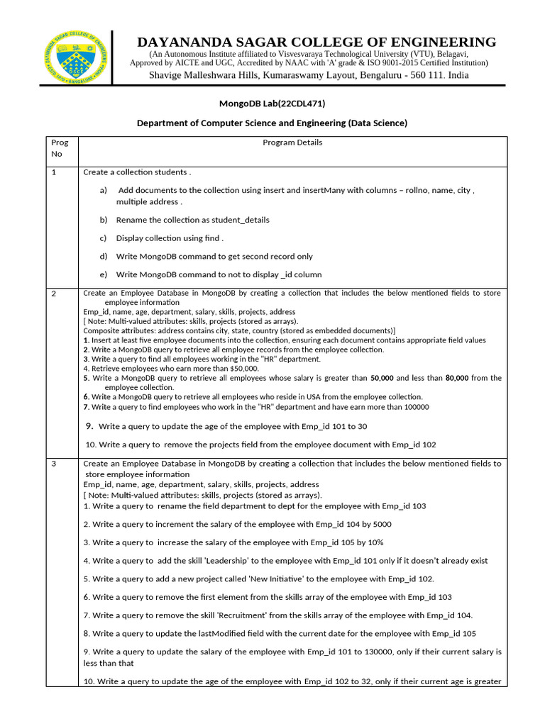 MongoDb Lab Progam Syllabus | PDF | Mongo Db | Information Technology ...