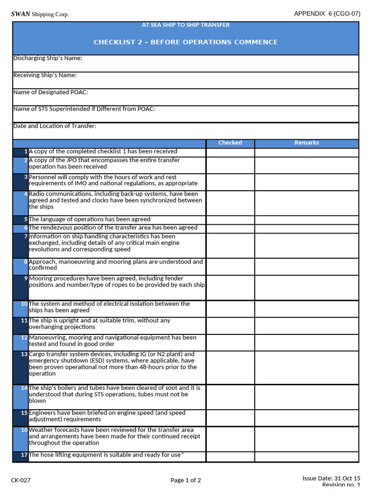 STS Transfer Operations Checklist 2 | PDF | Shipping | Water Transport