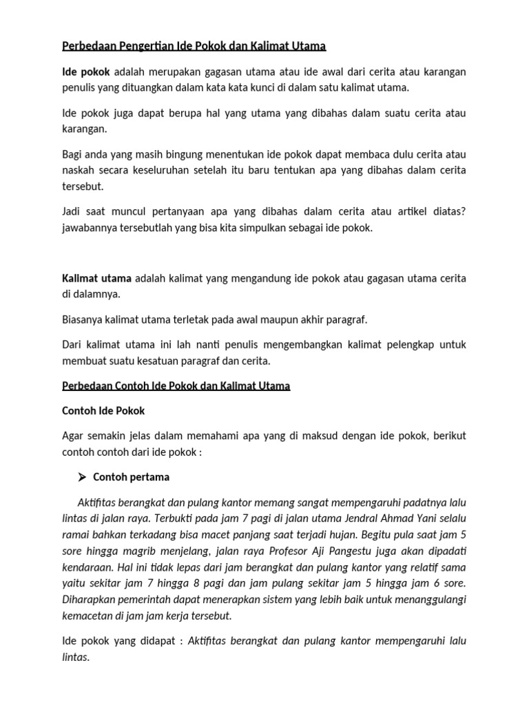 Perbedaan Pengertian Ide Pokok Dan Kalimat Utama VERSI WORD | PDF