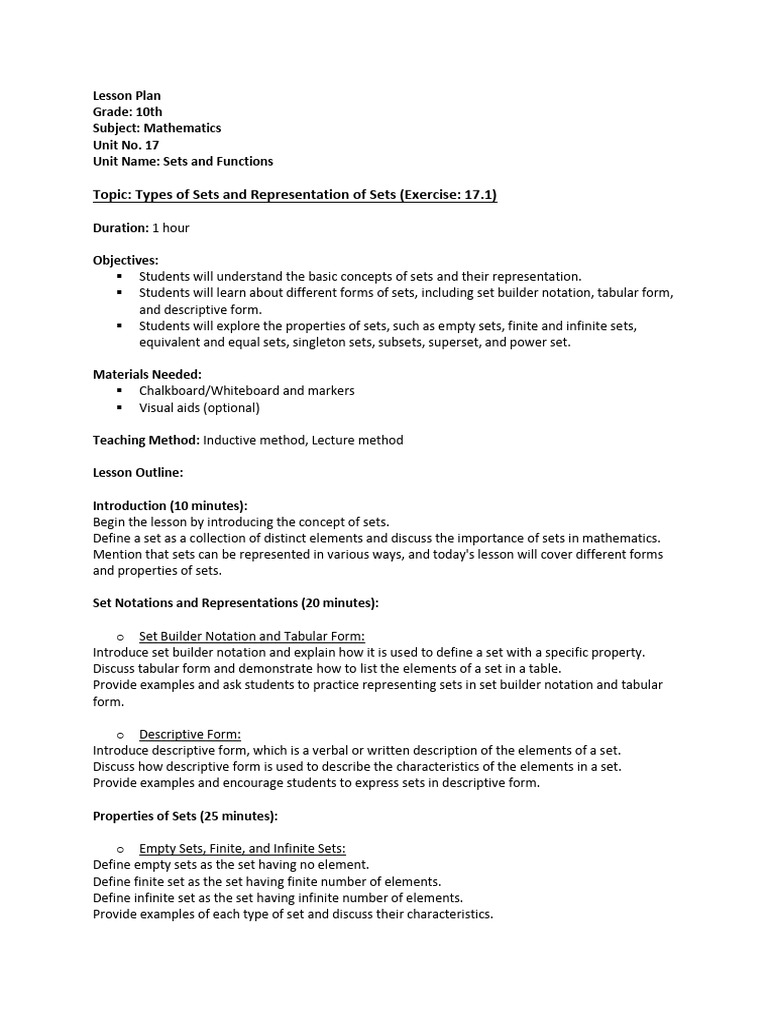 Sets and Functions Lesson Plan for 10th Grade | PDF | Set (Mathematics ...