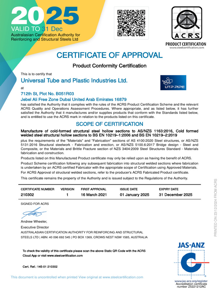 ACRS Certification for Universal Tube | PDF | Structural Steel | Steel