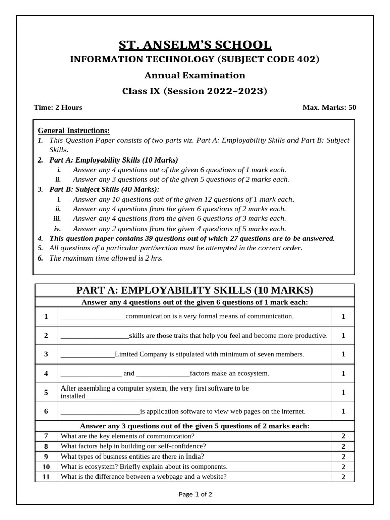Class IX IT Exam Paper 2022-2023 | PDF | Software | Computer Science