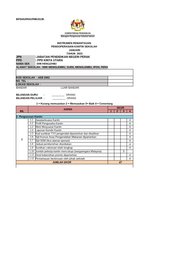 Pemantauan Operasional Kantin SMK Menglembu | PDF
