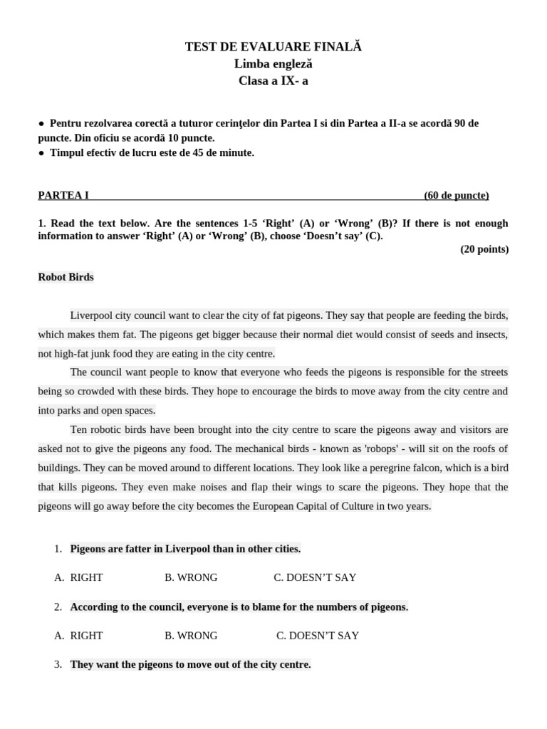 Final English Evaluation Test for 9th Grade | PDF | Birds