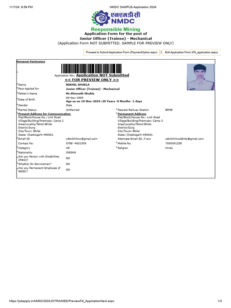 NMDC Sample-Application 2024 | PDF