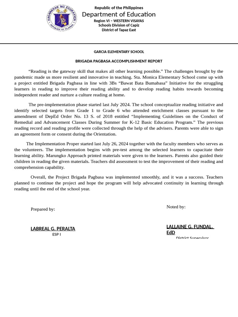 Accomplishment Report Brigada Pagbasa | PDF | Cognition | Behavior ...