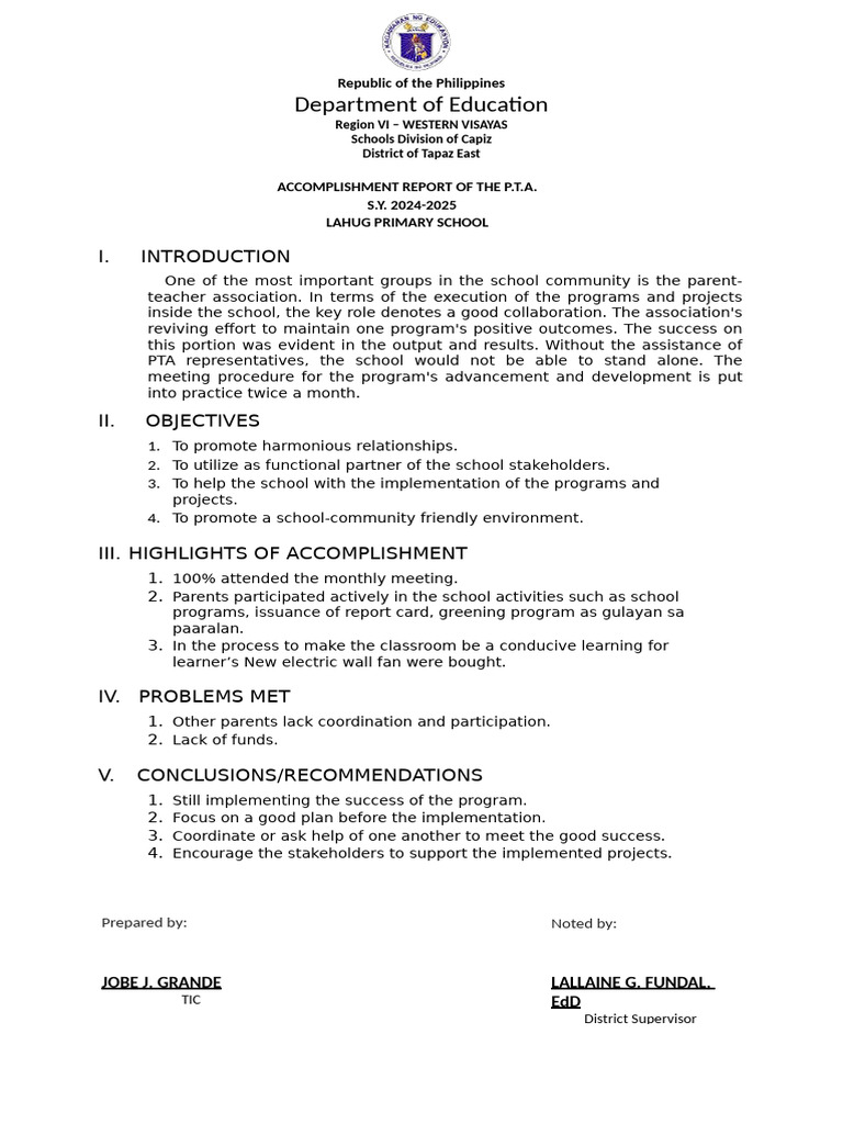 Accomplishment Report of The Pta | PDF