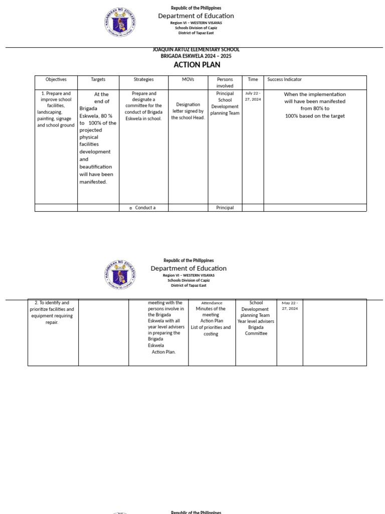 Brigada Eskwela Action Plan | PDF