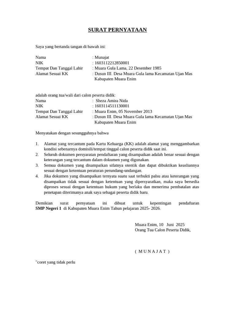 Surat Pernyataan Orang Tua Kab Muara Enim | PDF