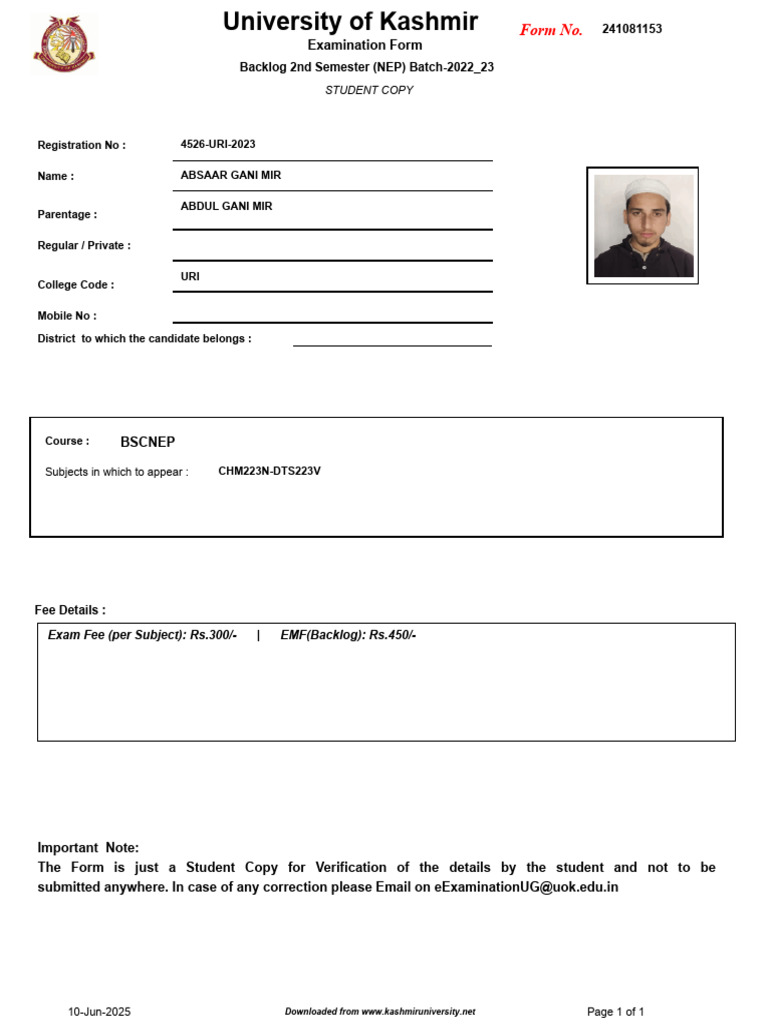 Examination Form - 4526 URI 2023 | PDF