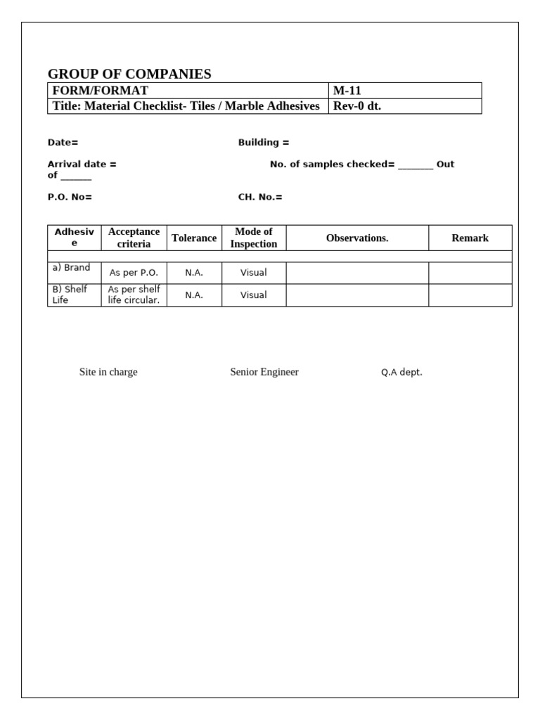Material Checklist - Adhesive | PDF