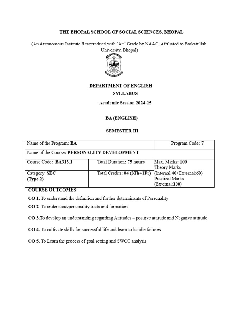 Personality Development Course Syllabus | PDF | Extraversion And ...