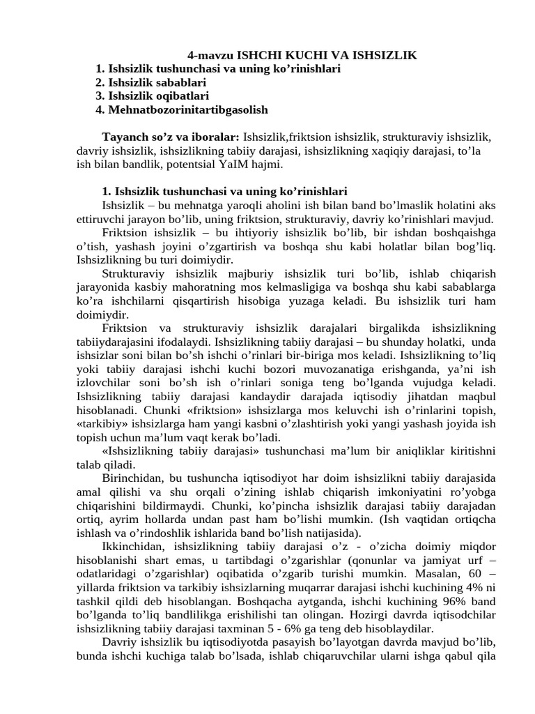 4-Mavzu Ishchi Kuchi Va Ishsizlik | PDF