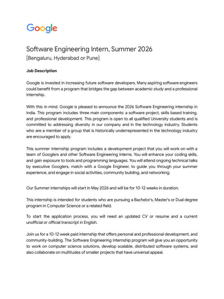 Google Intern JD, Summer-2026 | PDF | Machine Learning | Software