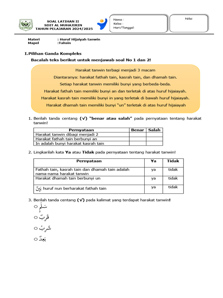Soal Latihan 2 Hijaiyah Harakat Tanwin | PDF