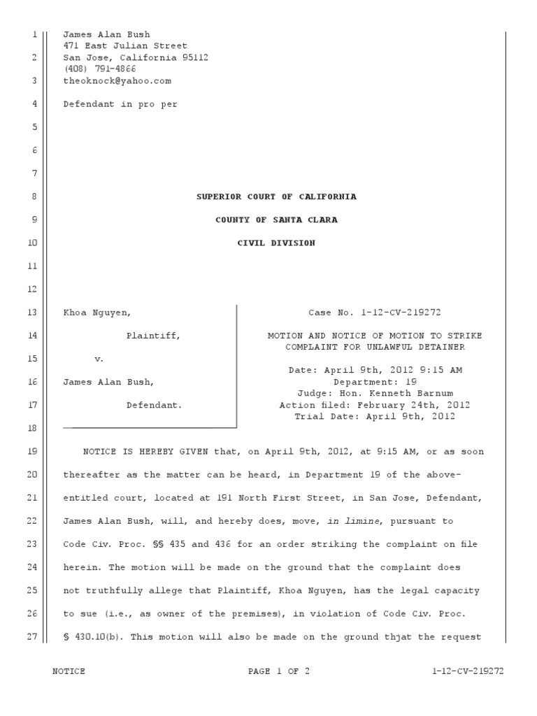 Defendant's Motion to Strike Complaint for Unlawful Detainer | Eviction ...