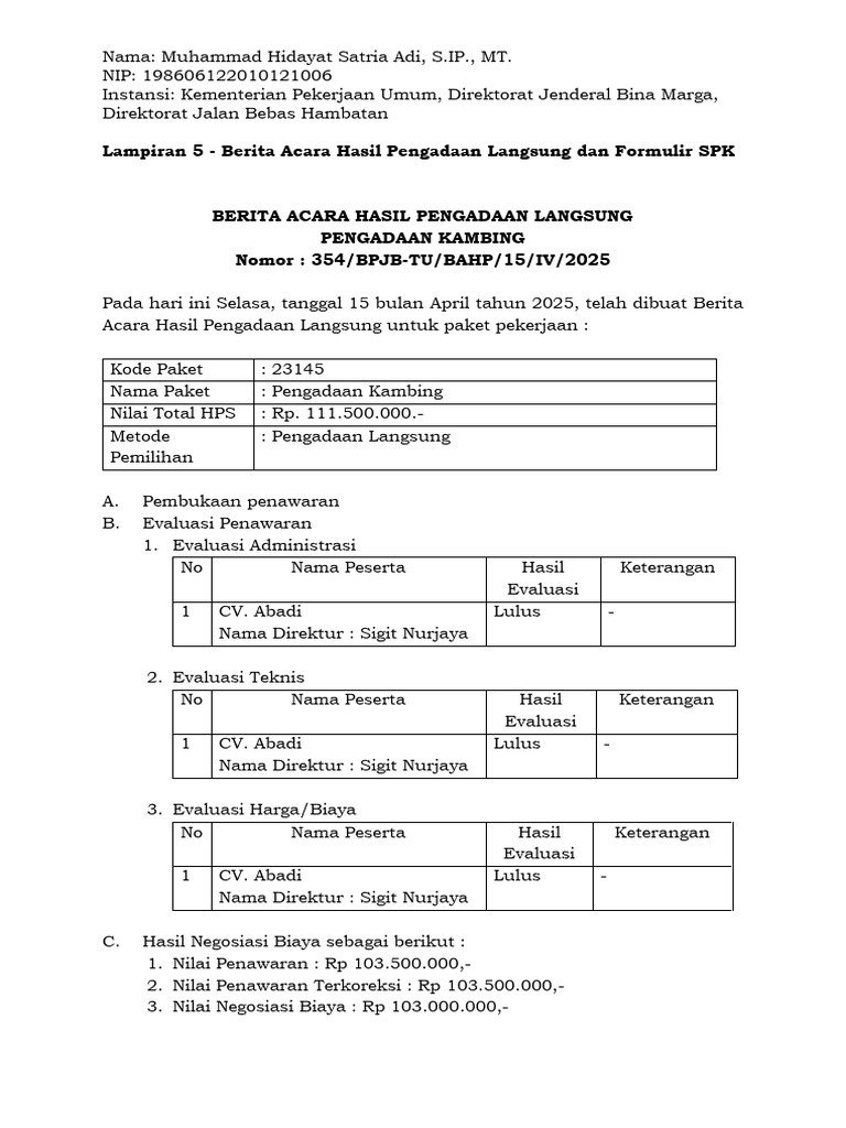 Muhammad Hidayat Satria Adi - Lampiran 5 - Berita Acara Hasil Pengadaan Langsung Dan Form Surat ...