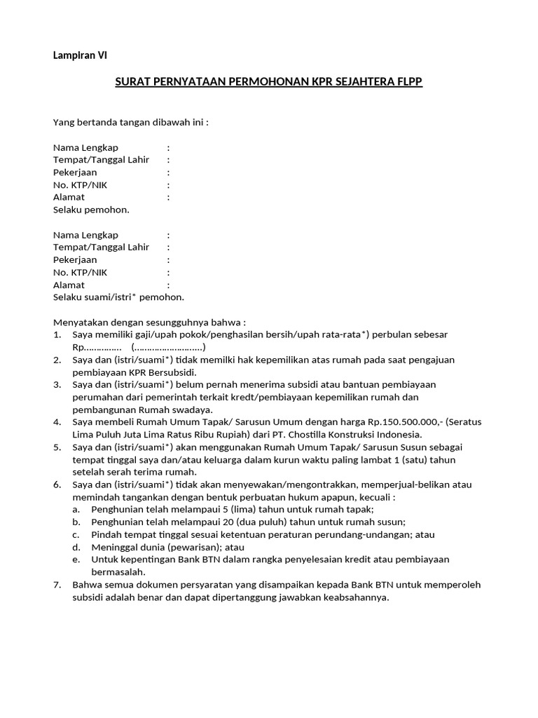 Surat Pernyataan KPR Sejahtera FLPP | PDF