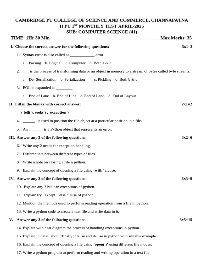 II PU Computer Science Test Paper | PDF