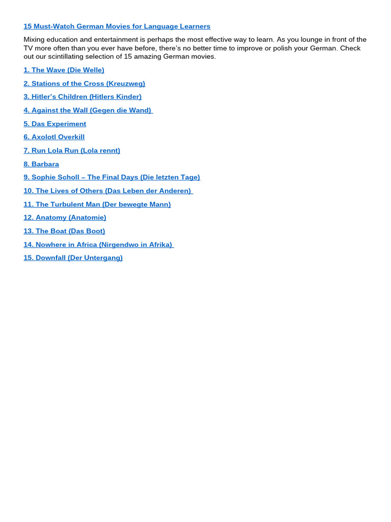 15 Must Watch German Movies For Language Learners | PDF