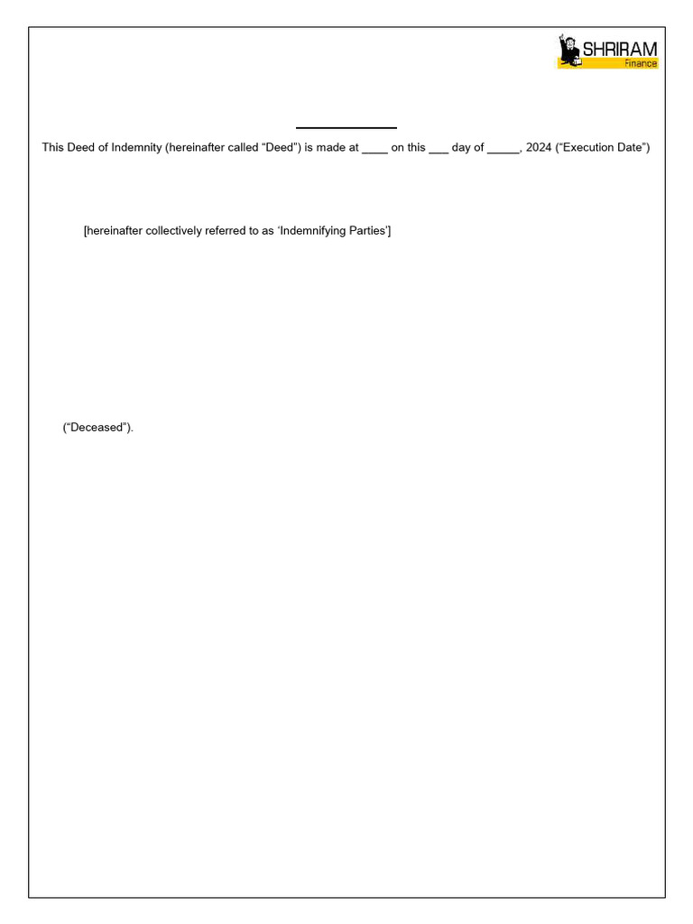 Deed of Indemnity For Deceased Claim - Annexure XIV | PDF | Indemnity | Private Law