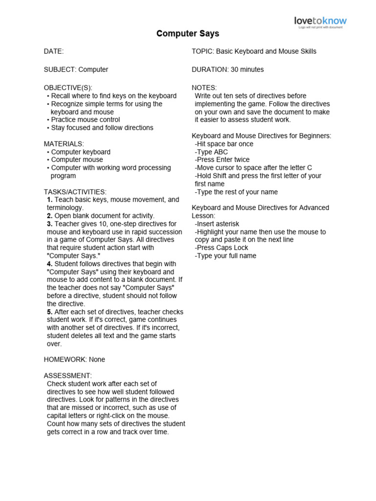 4351 Keyboard Mouse Skills Lesson Plan | PDF | Computer Keyboard | Text