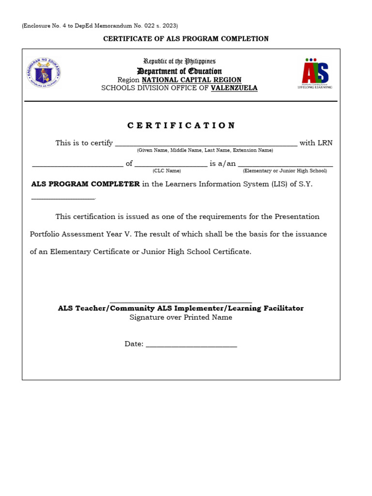 Enclosure 4 Certificate of ALS Program Completion | PDF