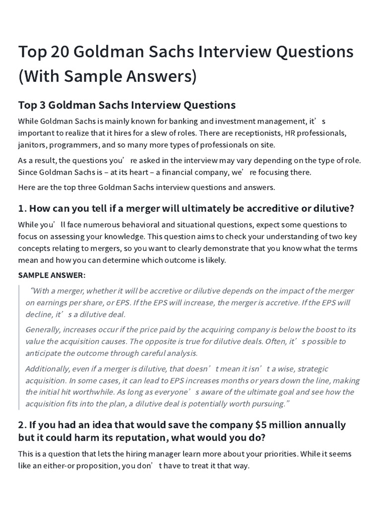 Top 20 Goldman Sachs Interview Questions (With Sample Answers) | PDF | Mergers And Acquisitions ...
