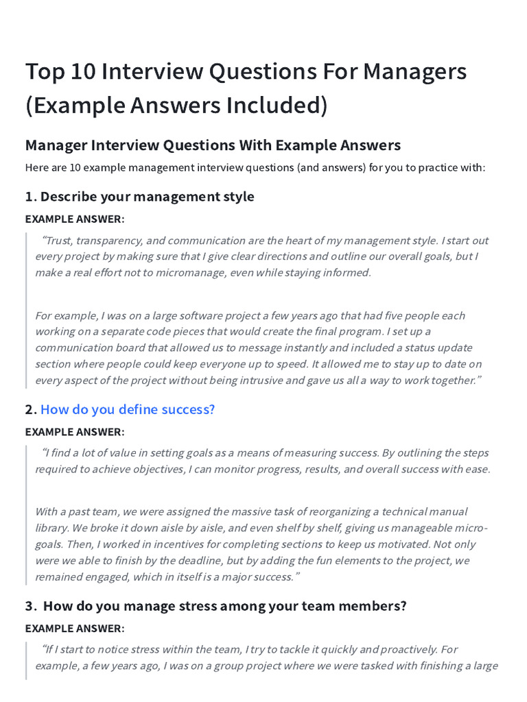 Top 10 Interview Questions For Managers (Example Answers Included) | PDF