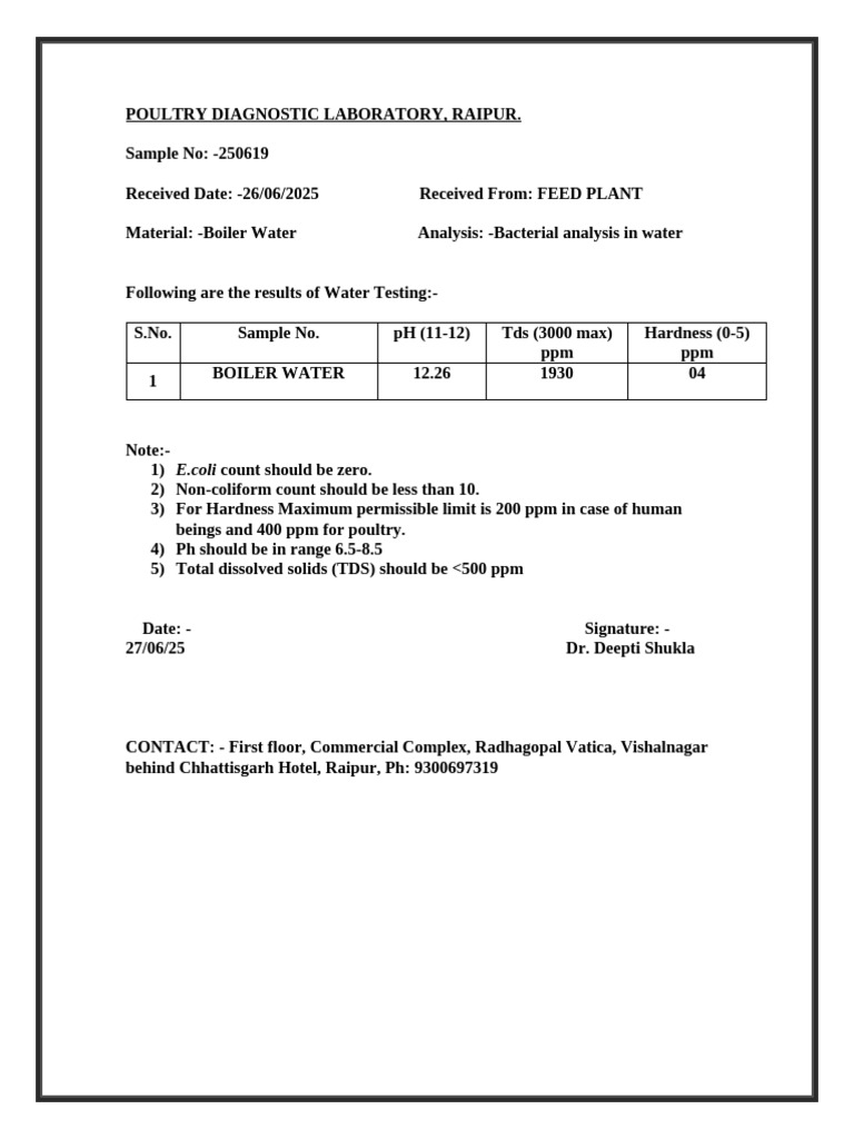 Feed Plant Boiler Water Report | PDF