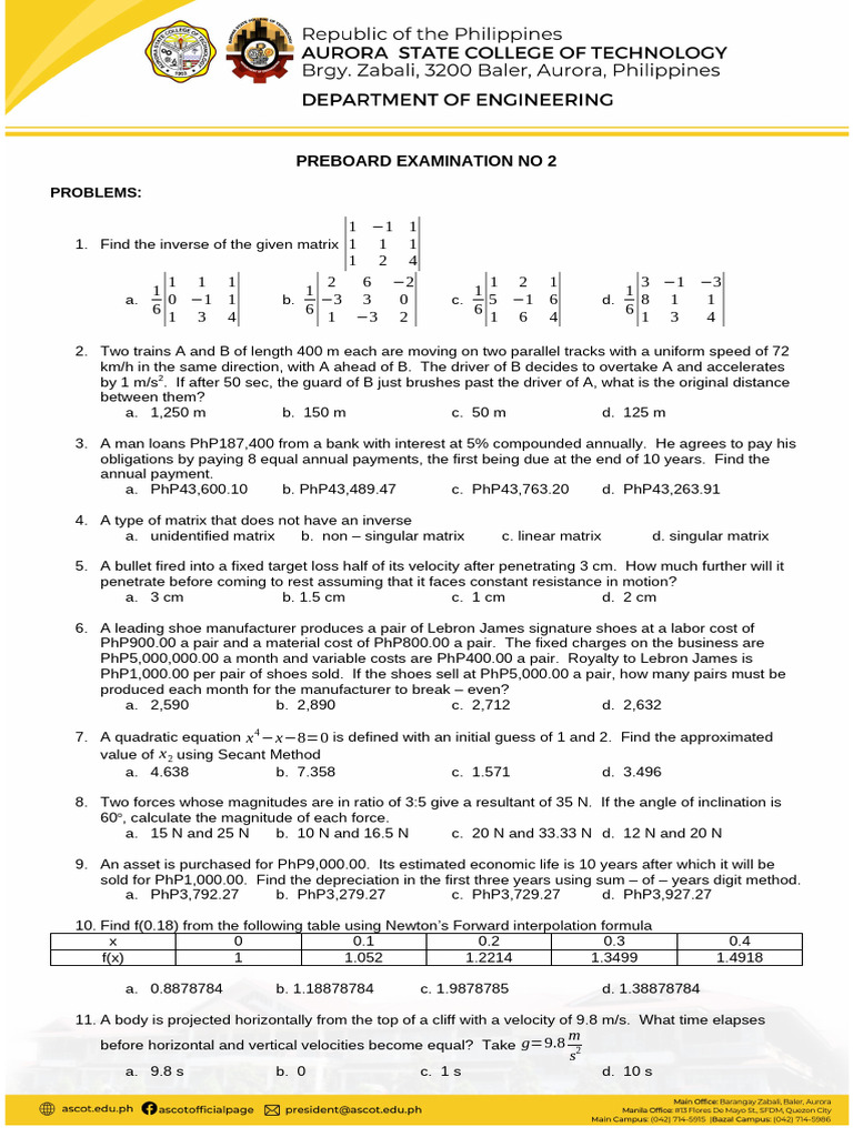 CA 1 - Preboard 2 - B - Mathematics I | PDF | Force | Interest