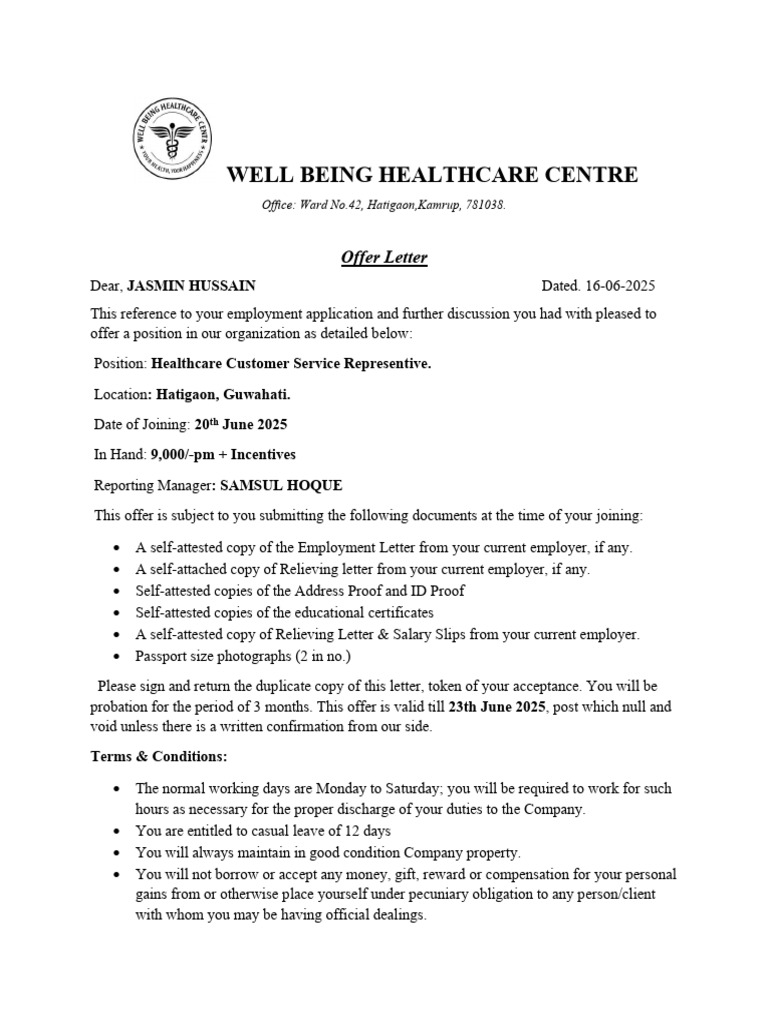 Healthcare Customer Service Offer Letter | PDF | Employment | Justice