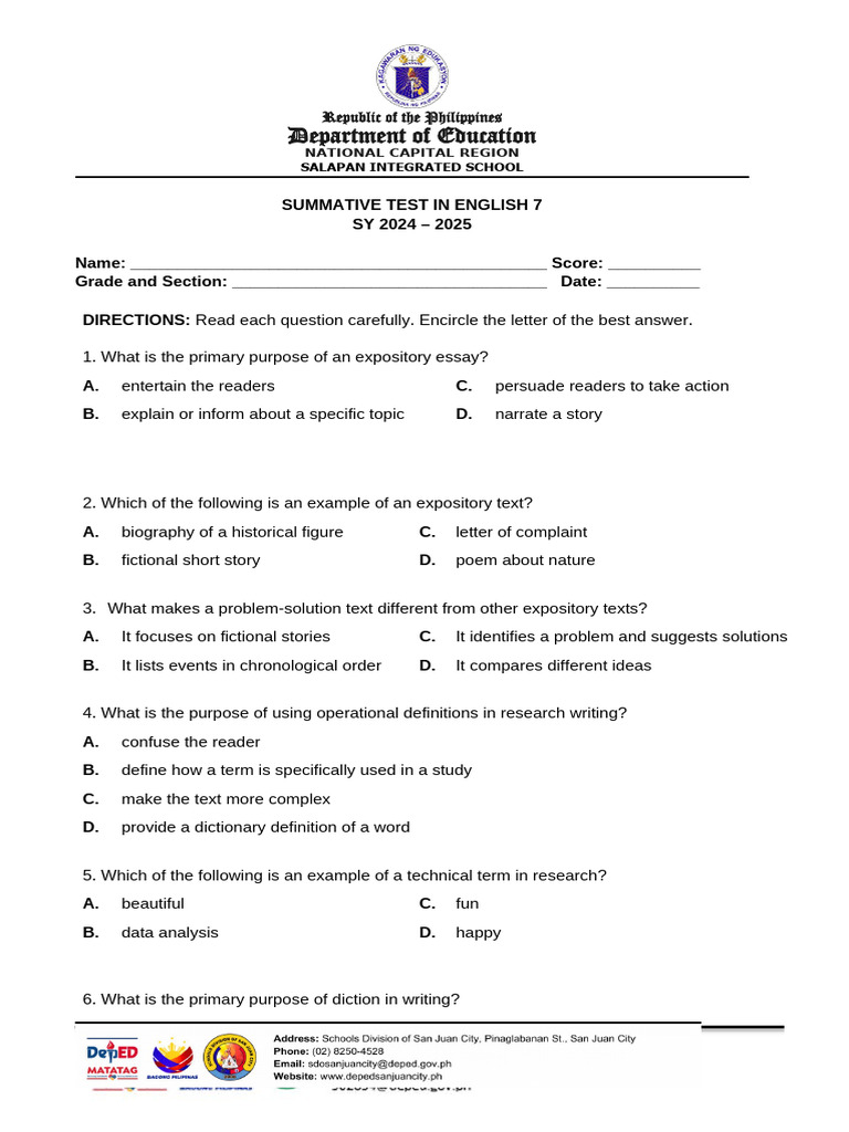 Summative Test: English 7 Assessment | PDF | Essays | Testimony
