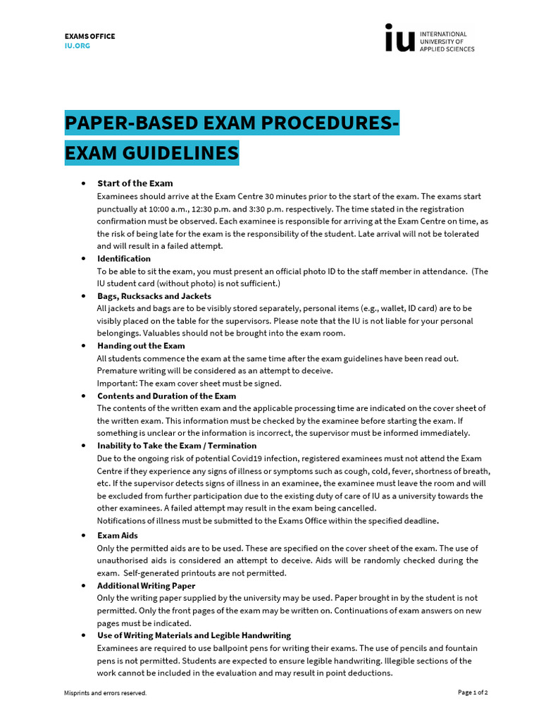 Exam Guidelines For Paper-Based Exams | PDF