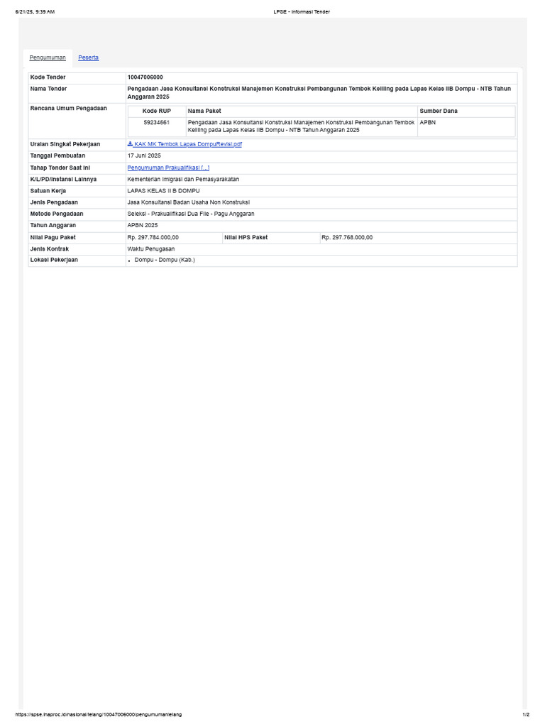Manajemen Konstruksi Pembangunan Tembok Keliling Pada Lapas Kelas IIB Dompu - NTB Tahun Anggaran ...