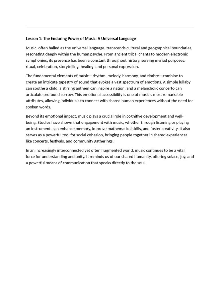 Lesson 1 The Enduring Power of Music A Universal Language | PDF