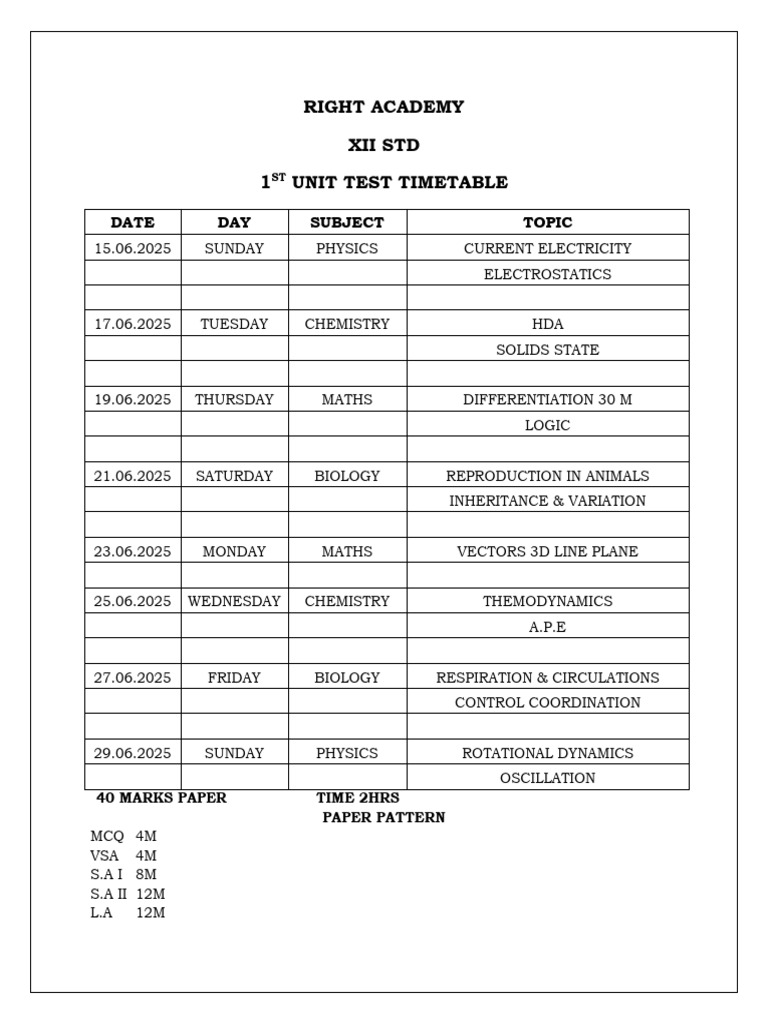XII STD Unit Test Timetable 2025 | PDF